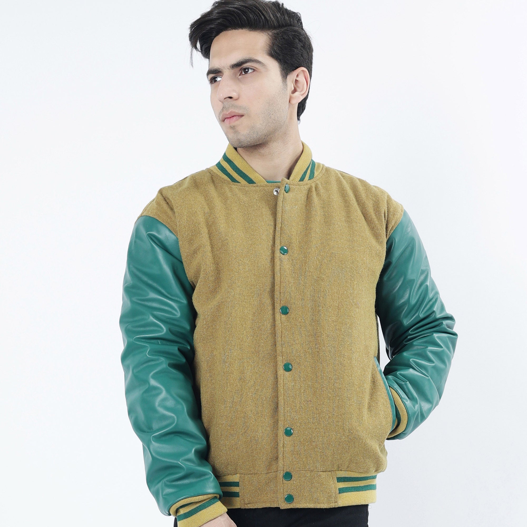Camel Wool Body And Green Leather Sleeves Varsity Jacket – Letterman ...
